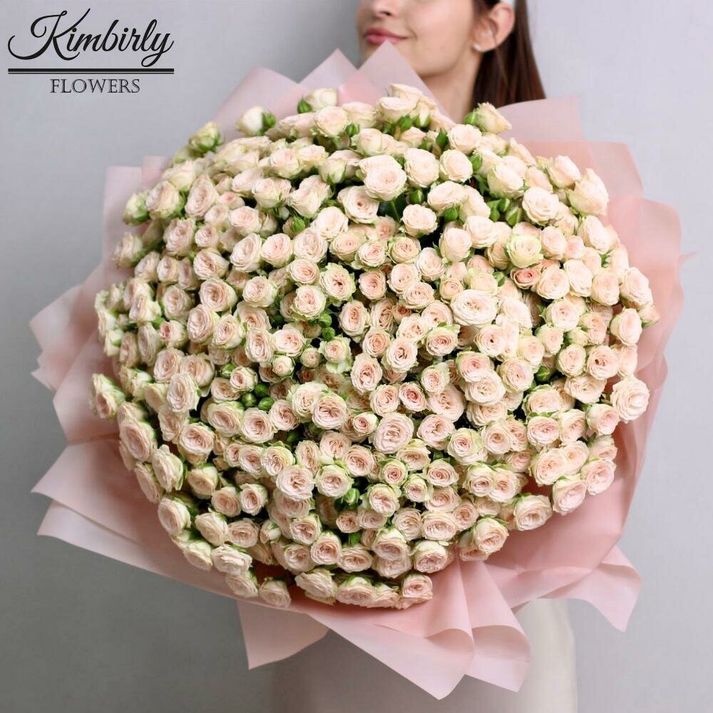 Большой букет живых цветов из кустовых маленьких роз, 101 шт, цвет кремовый, нежный, роза Рослин арт 270