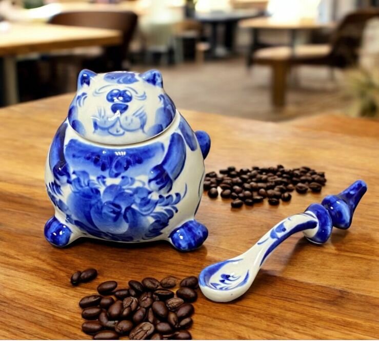 Гжель, Солонка с ложкой, Кот, 160 мл.