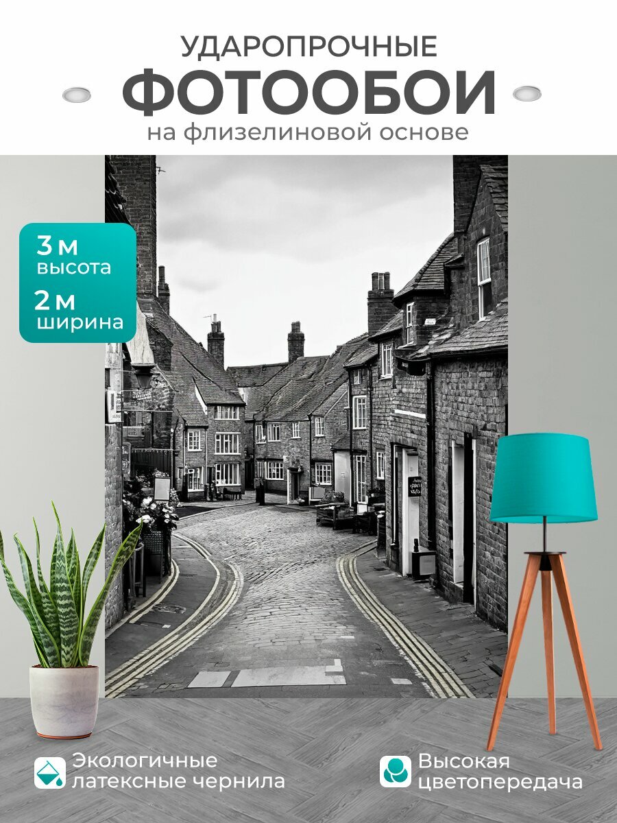 Фотообои моющиеся ударопрочные "Англия погружают в влияние старинных городов, где сплетаются улочки и дома. стиль черно-белой фотографии создает" 200x300 см. флизелиновые на стену