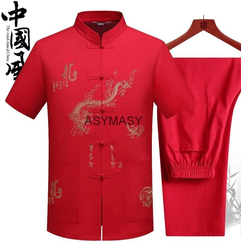 Льняной мужской ханьфу ASYMSAY Красный, XXXL(185CM), red short suit