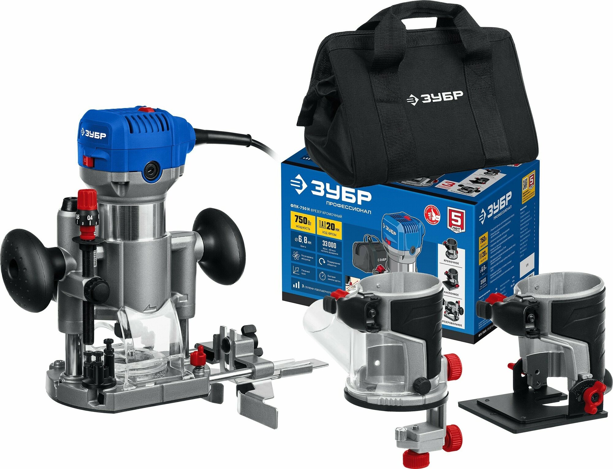 Фрезер ЗУБР ФПК-750Н, компактный, с подсветкой и сумкой, 750 Вт
