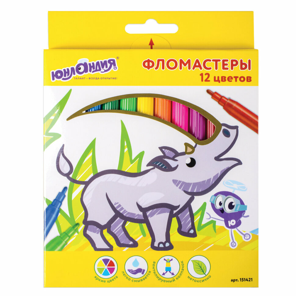 Фломастеры юнландия 12 цветов, "экзотика", вентилируемый колпачок, картон, 151421, 151421