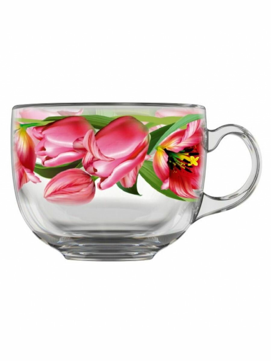 Кружка Гусь-хрустальный стеклянная, 450 мл с рисунком Тюльпаны