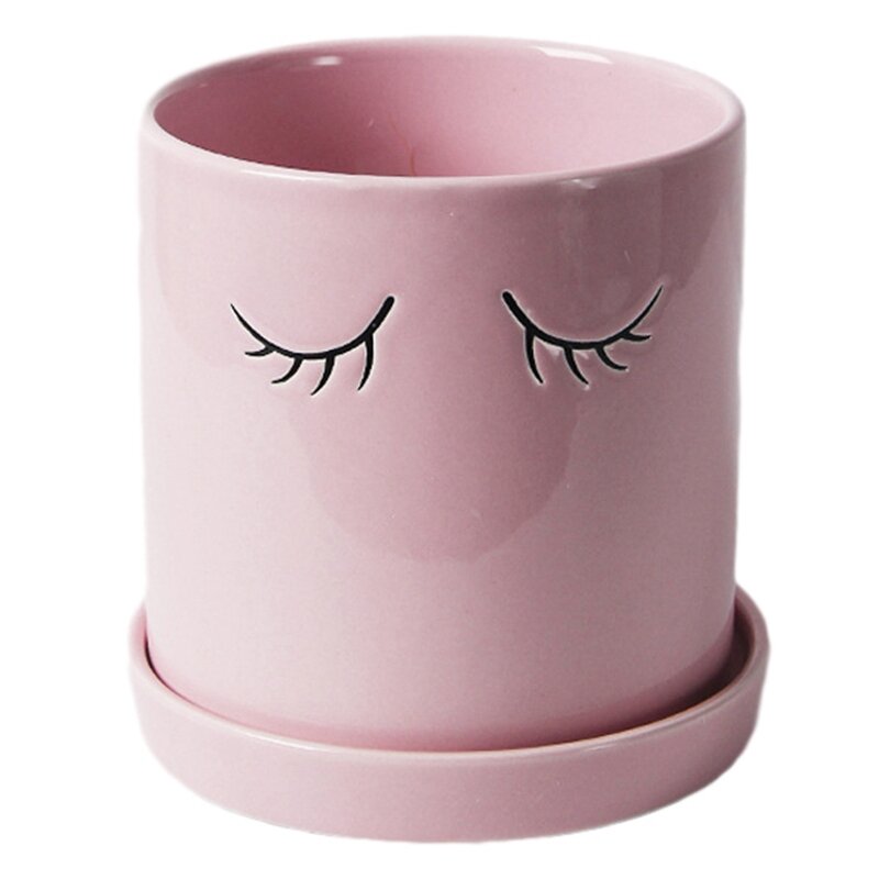 Глаза Керамический цветочный горшок Ресницы Милый комнатный суккулентный посадка кактуса в горшке Украшение для рабочего стола Украшение для дома (розовый)