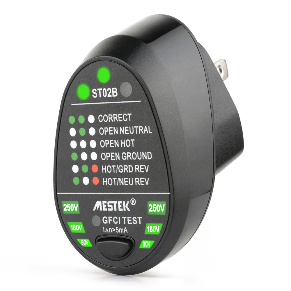 Усовершенствованный тестер электрических розеток MESTEK с УЗО, автоматическое тестирование нейтрального провода под напряжением, детектор полярности цепи, настенный детектор выключателя вилки США, испытание на утечку тока с дисплеем с подсветкой напряжения