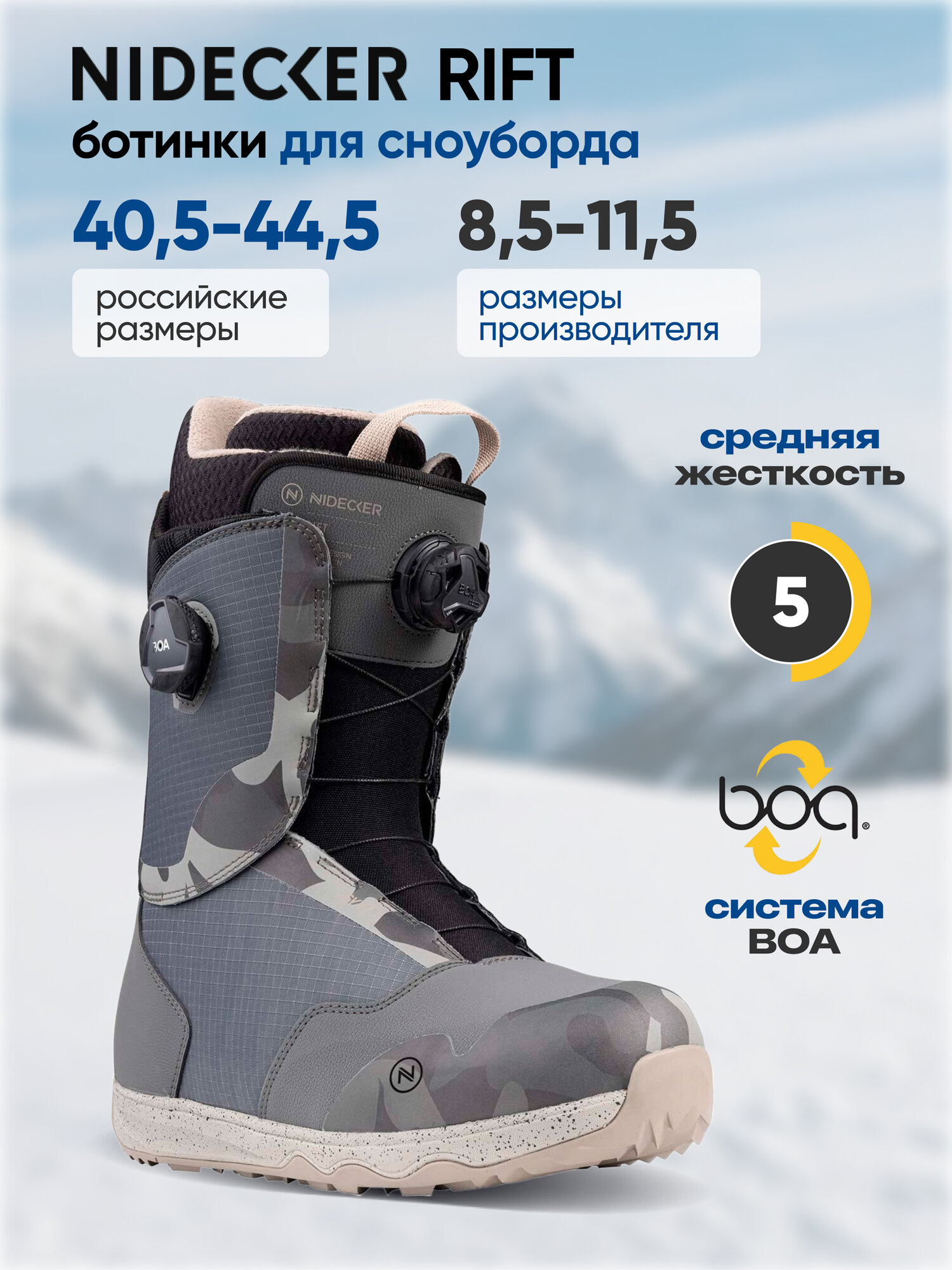 Ботинки сноубордические NIDECKER RIFT (23/24) Gray Camo, 11 US