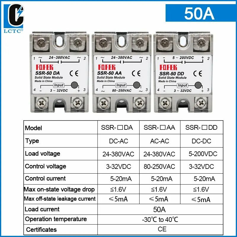 LCTC Однофазное твердотельное реле 24-380В 10-100А DC-AC, 50A