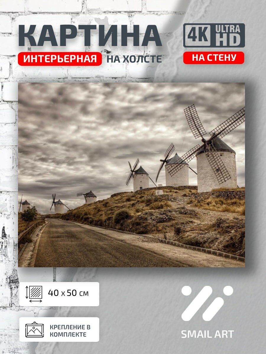 Картина на холсте интерьерная 40 на 50 на стену Пейзаж мельницы для студии атмосфера