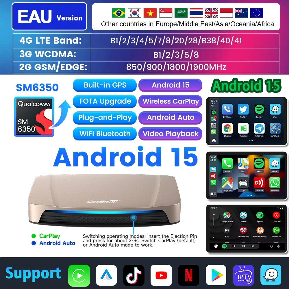 128 ГБ Carlinkit Ultra1 Android 15 Беспроводной адаптер Android Auto Ai Box для автомобильного радио Поддержка Spotify Netflix Youtube 8 ядер WIFI6 8GB 128GB