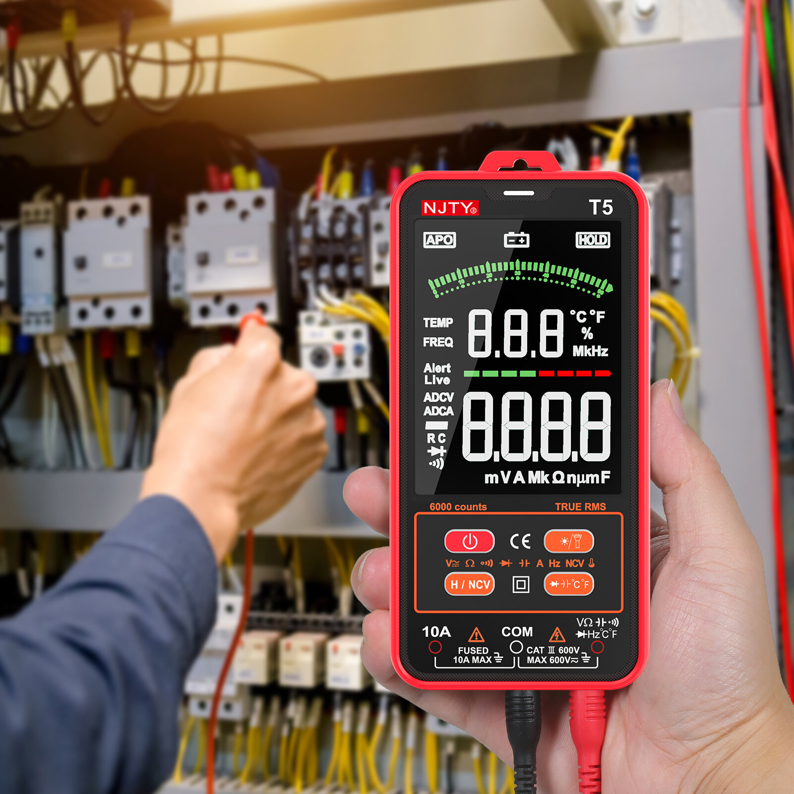 Мультиметр NJTY T5 6000 отсчетов True RMS, цифровой универсальный тестер с большим ЖК-дисплеем 3,8 дюйма, вольтметр 600 В, амперметр 10 А, измерение переменного/постоянного тока, сопротивления, емкости, температуры, диод