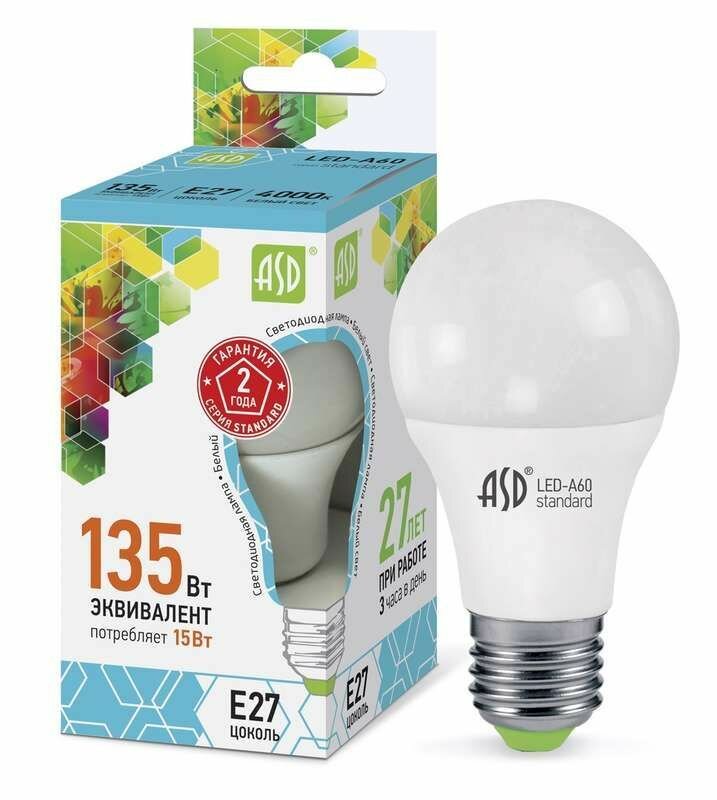 Лампа светодиодная LED-A60-standard 15Вт грушевидная 4000К бел. E27 1200лм 160-260В ASD