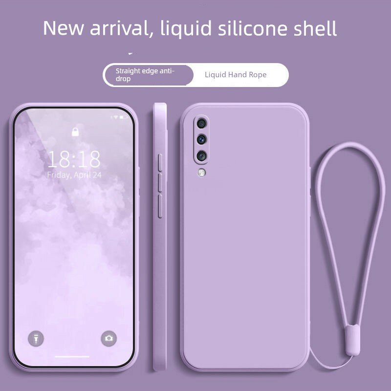 Смартфон Samsung Galaxy A70 с защитным чехлом из жидкой силикона в цвете Лавандовый пурпурный и закаленным стеклом
