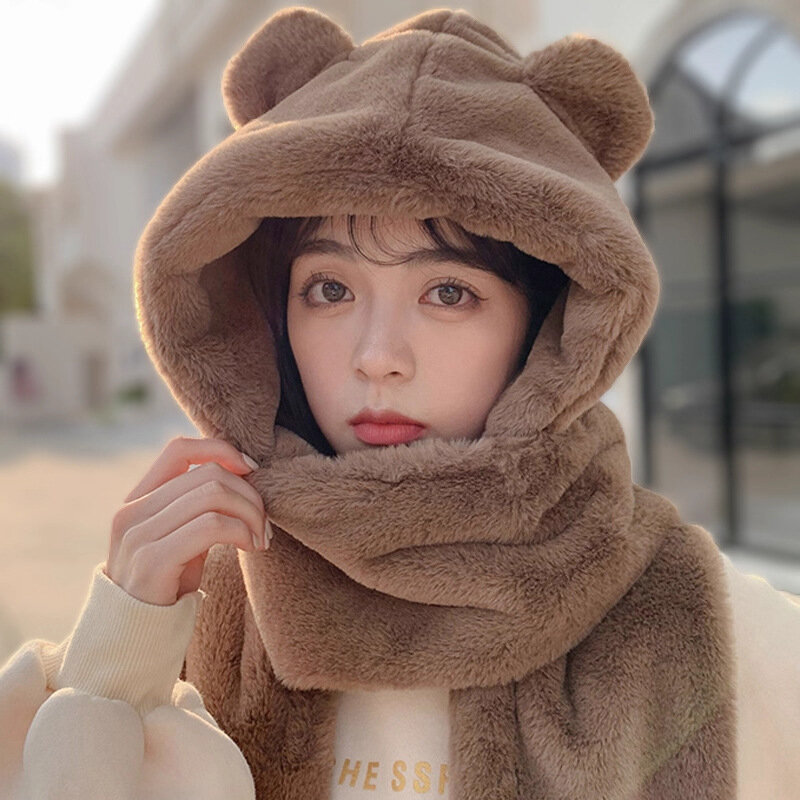 Шапка и шарф, универсальная женская осенне-зимняя универсальная милая теплая шапка с крестиком, плюшевая шапка, велосипедный шарф с капюшоном, защита ушей