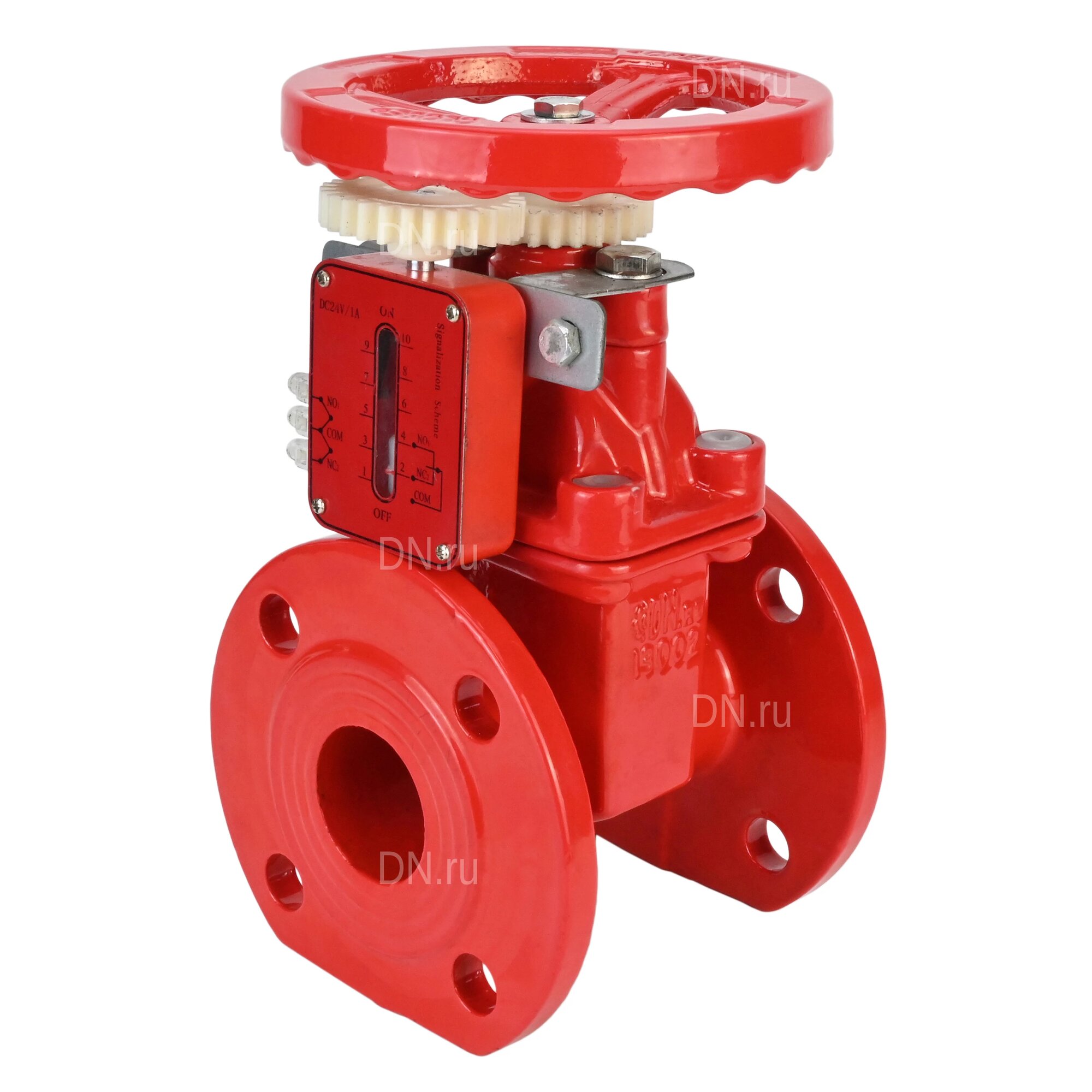 Задвижка клиновая 30ч39р (аналог мзвг) DN.ru GGG50-GGG50-S-F-S signal box red Ду40 Ру10/16 фланцевая, корпус - чугун GGG50, уплотнение - силикон, со штурвалом и невыдвижным штоком, с устройством контроля положения, цвет - красный