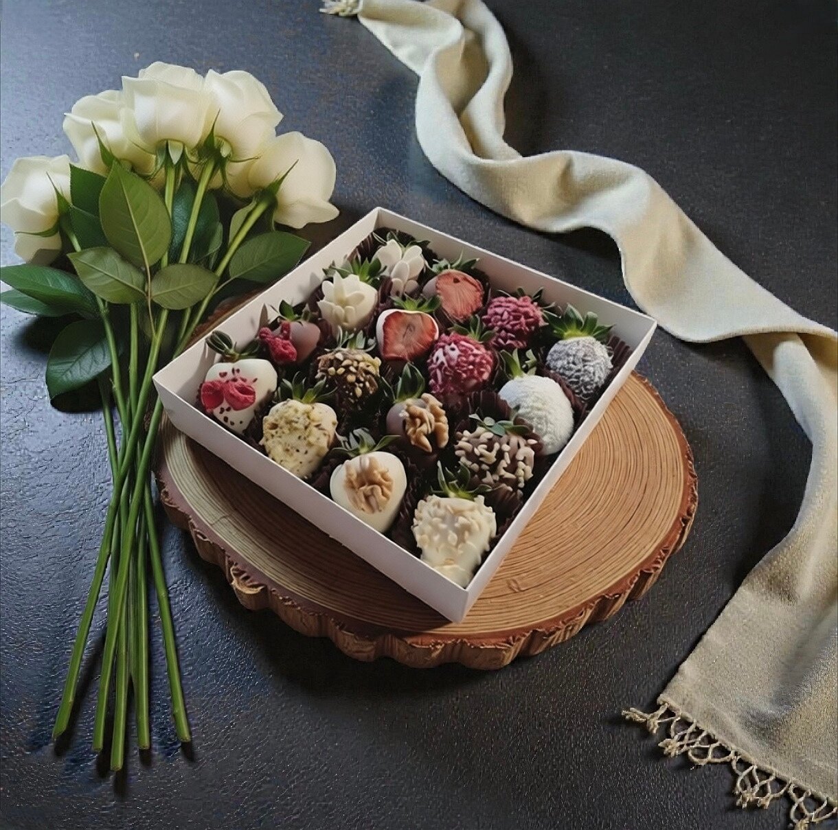 Клубника в белом и молочном шоколаде в белой квадратной подарочной коробке 20х20 см | 16 штук | подарок мужчине, девушке