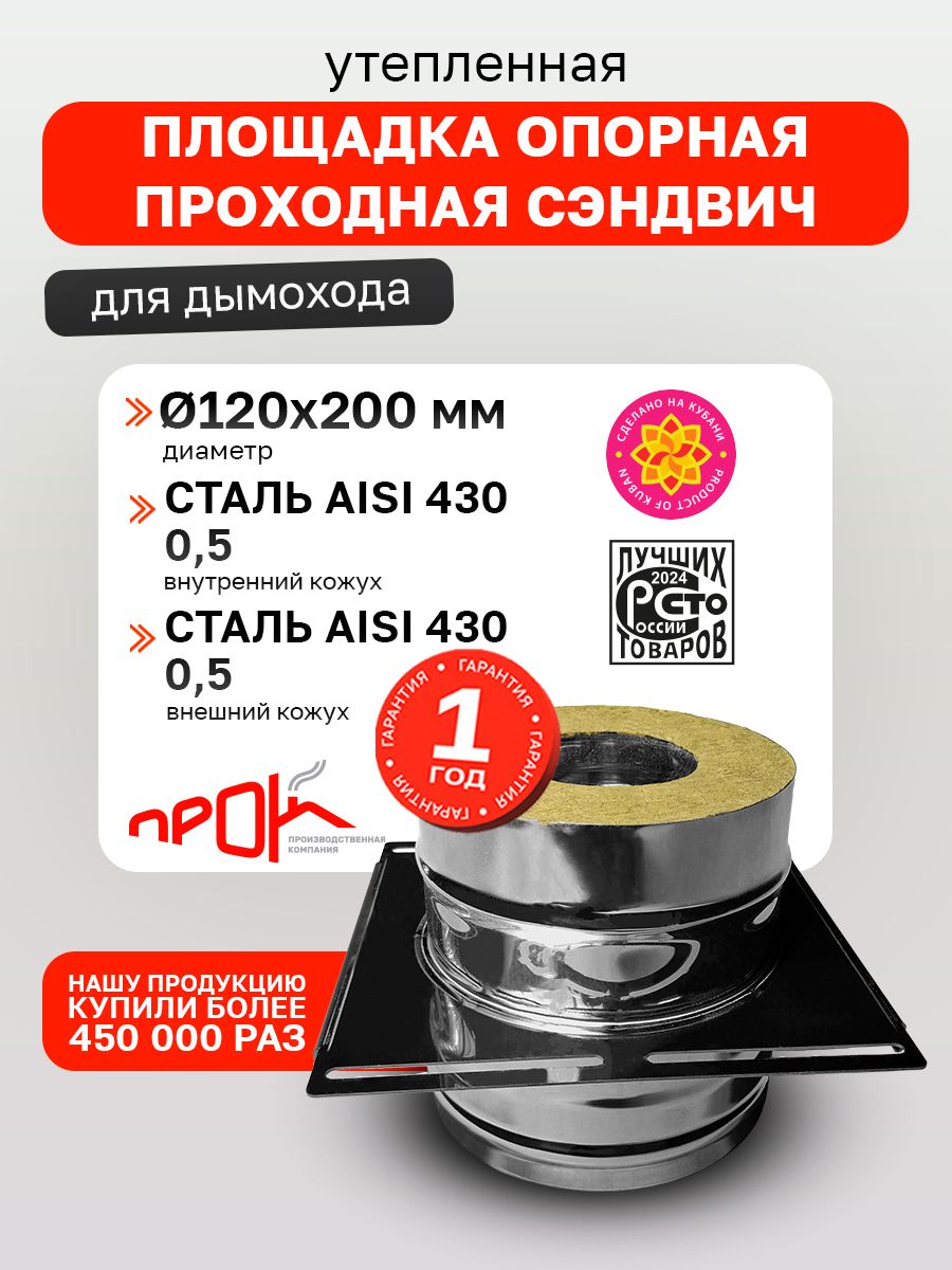 Площадка опорная монтажная для дымохода 0,5/430 Ф 120*200 мм нерж/нерж "Прок"