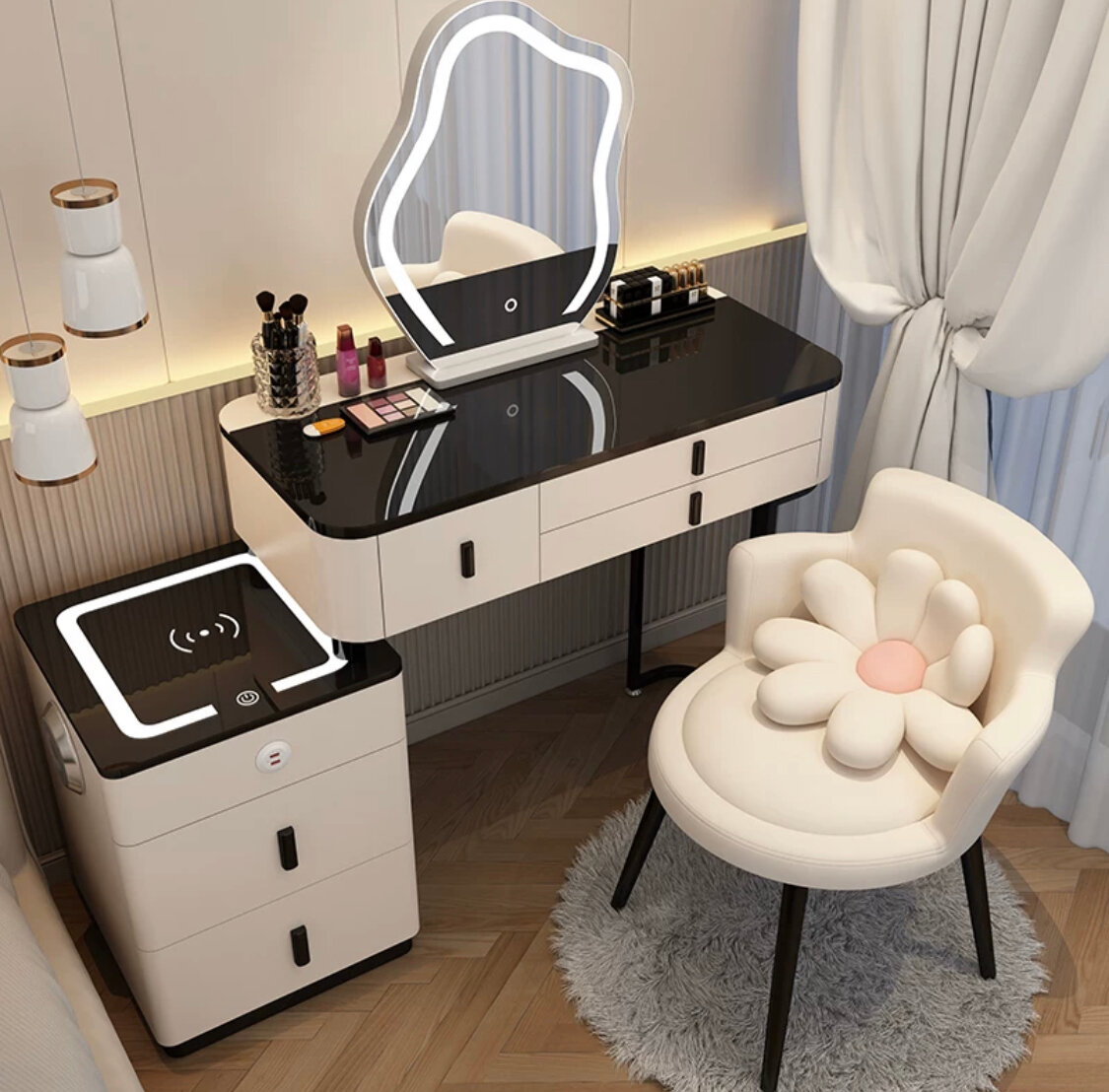 Туалетный столик MoonMalika (Стол 80см белое основание/ чёрное стекло / фигурное зеркало / стул с подушкой цветочком)