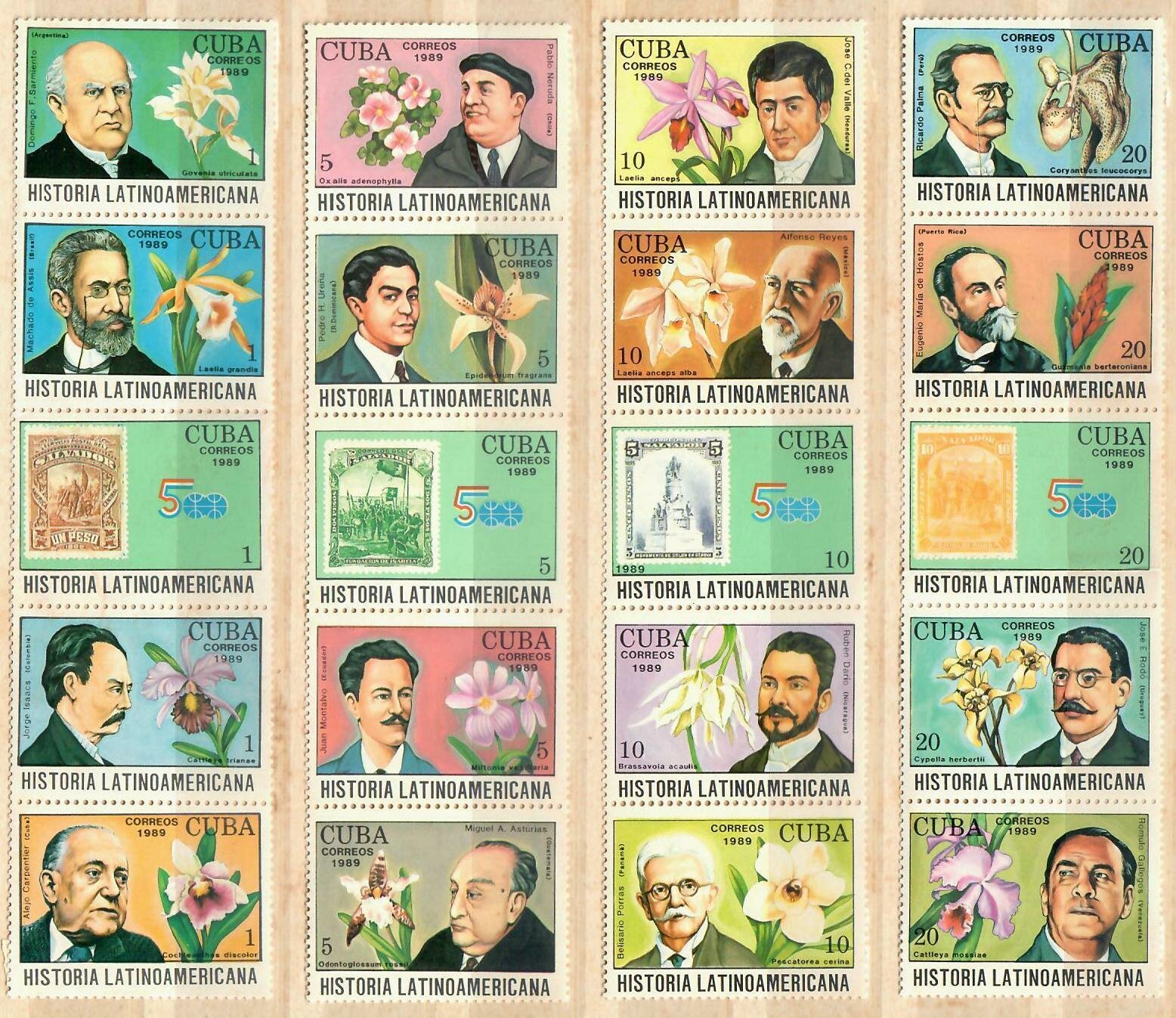 Почтовые марки Куба 1989г. "Латиноамериканская история - Цветы" Марки на марках, Ученые, Цветы MNH