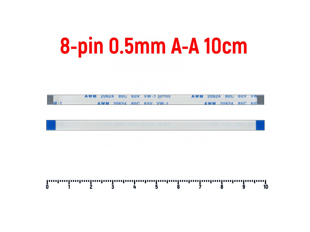 Шлейф FFC 8-pin Шаг 0.5mm Длина 10cm Прямой A-A AWM 20624 80C 60V VW-1