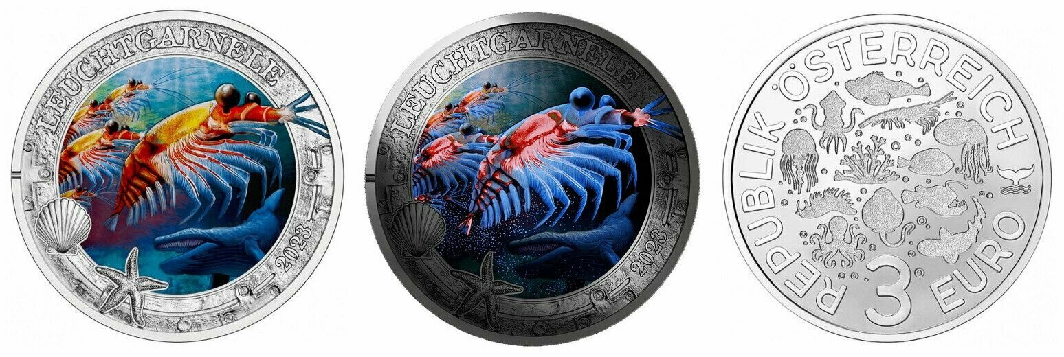 Австрия 3 евро, 2023 Светящаяся морская жизнь - антарктический криль креветка