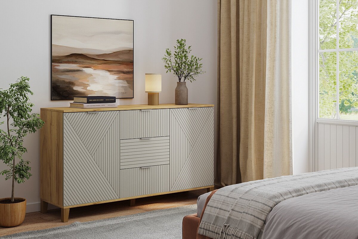 Комод МебельЛэнд24 Марвин 4 фрезеровка 8+11 Сантьяго 140x40x80 серый двухдверный с 3 ящиками