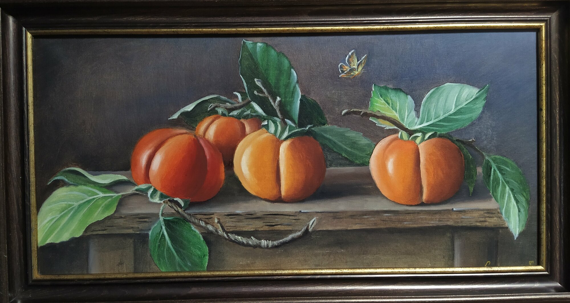Натюрморт "Хурма с бабочкой", картина маслом, холст 38*70 см, ручная работа, Соснина Татьяна.