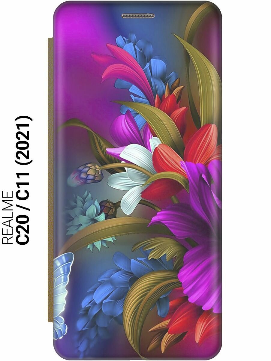 Чехол-книжка на realme C20, C11 (2021), Рилми С20, С11 (2021) с 3D принтом "Фантастические цветы" золотой