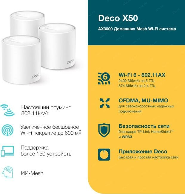 Бесшовный Mesh роутер TP-Link Deco X50(3-Pack) AX3000 10/100/1000BASE-TX белый (упак:3шт) — фото 1