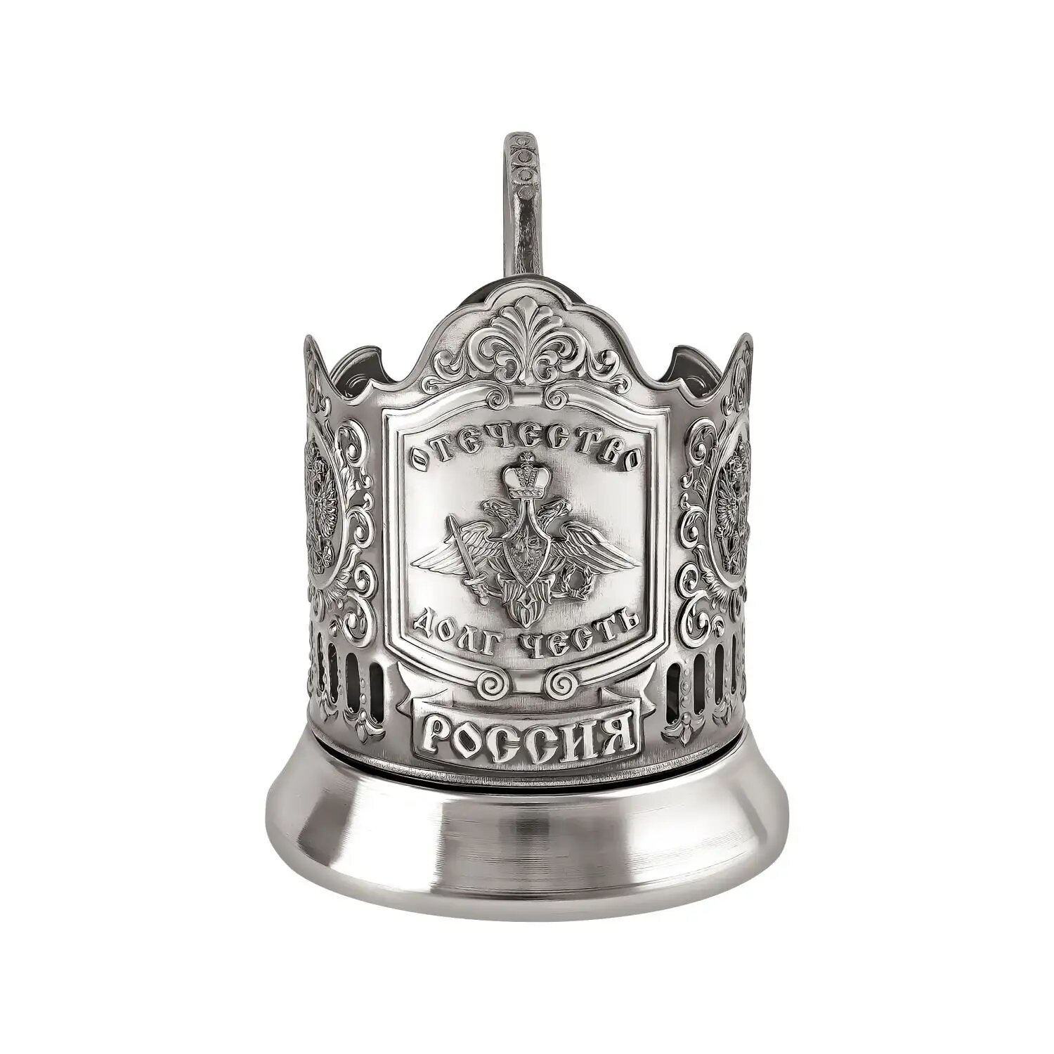 Подстаканник никелированный с чернением "Отчество, долг и честь". Подарочная коробка.