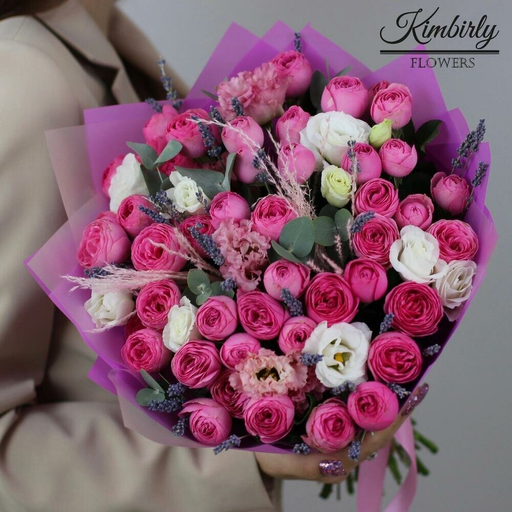 Букет живых цветов, розы пионовидные Сильва Пинк, эустома, лаванда, цвет розовый, 15шт, Арт 8 Kimbirly flowers