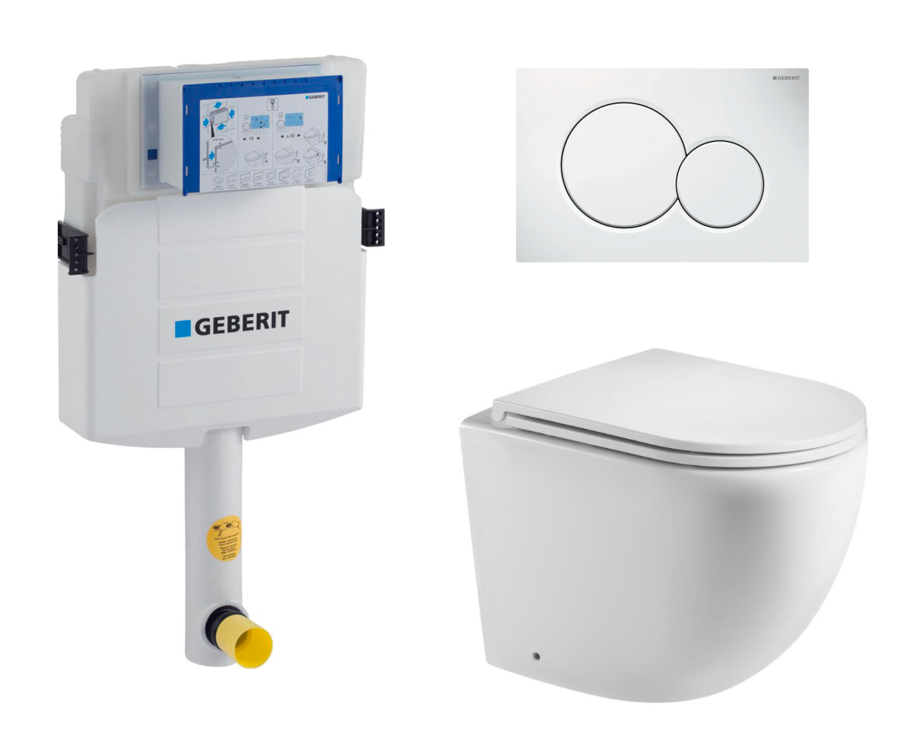 Комплект 3 в 1 смывной бачок скрытого монтажа Geberit Duofix UP320 + Унитаз приставной WeltWasser Merzbach 002 GL-WT + Кнопка Geberit Sigma 01 белая