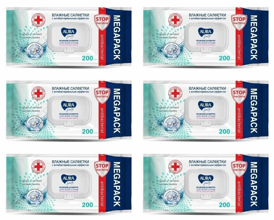 Aura Влажные салфетки для всей семьи Family, с крышкой big-pack, 200 шт/уп, 6 уп