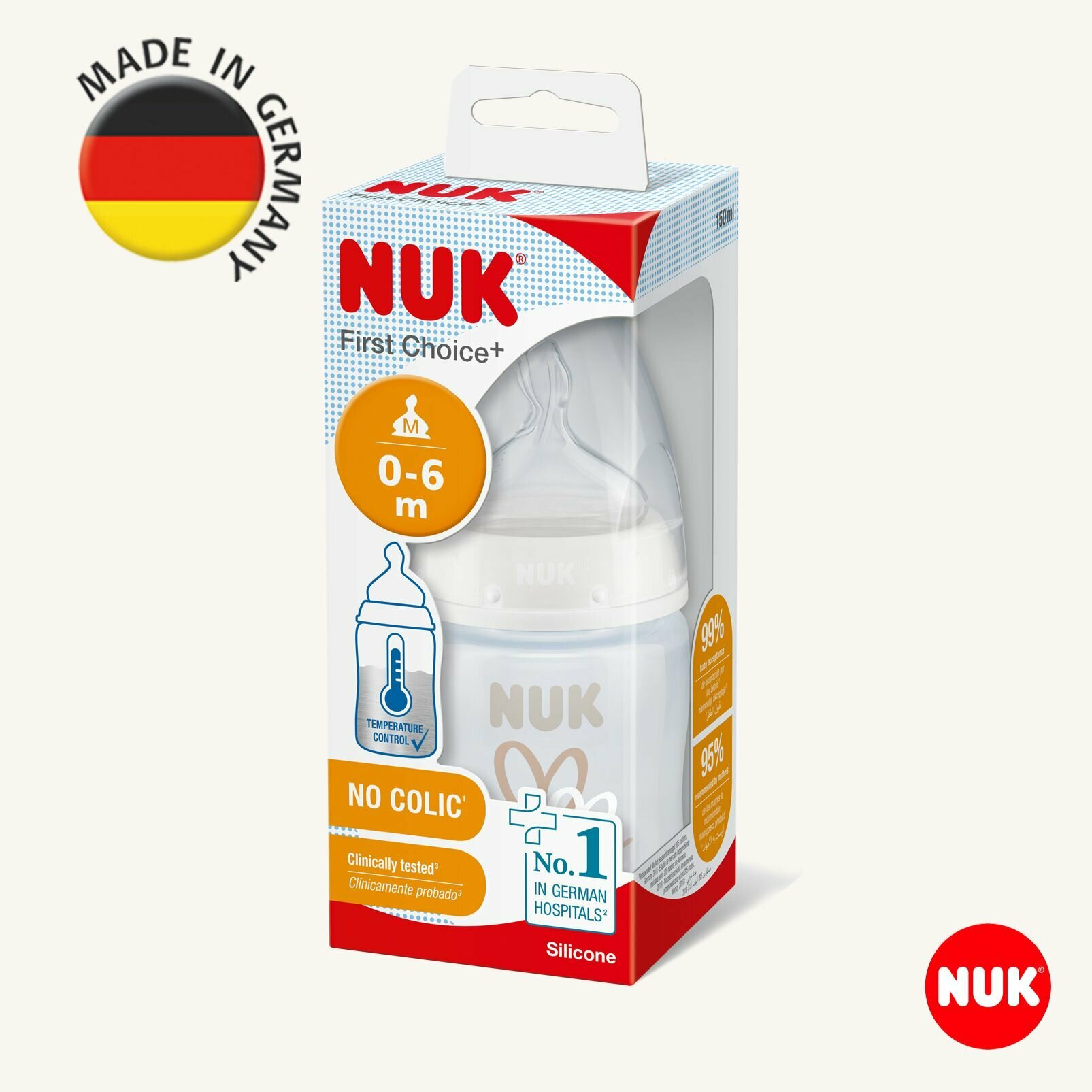 NUK FC+ Бутылочка из ПП с ИТ 150 мл с силиконовой соской с отверстием М, 0-6 месяцев