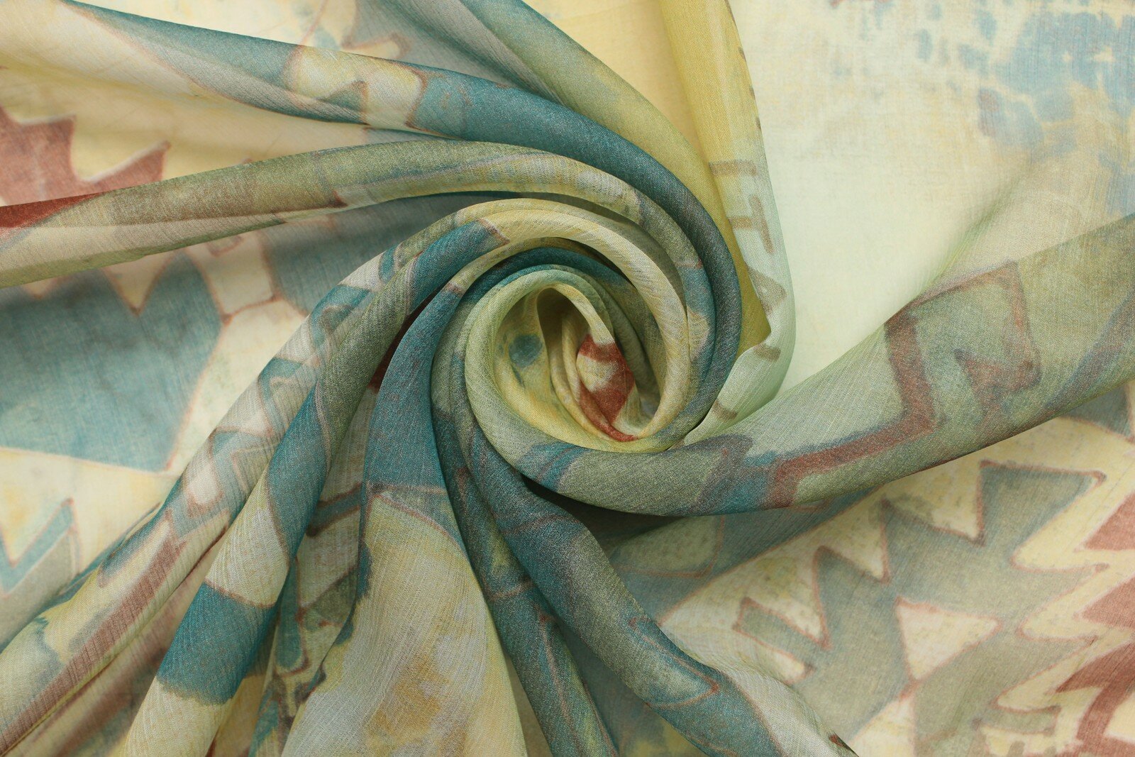 Ткань Шёлк-шифон креш Shirt Passion Italia цвета морской волны с коричневым и жёлтым, ш145см, 0,5 м