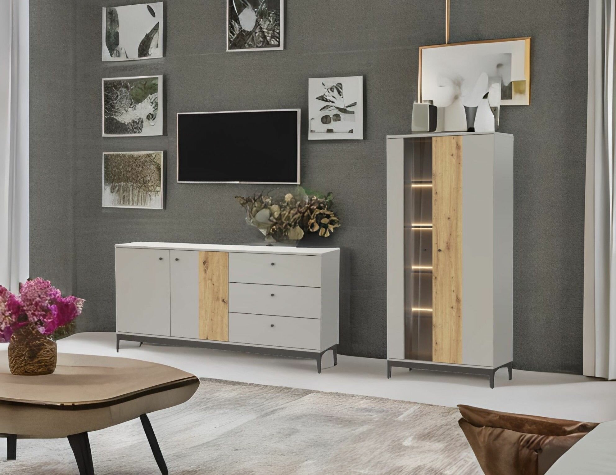 Комплект мебели для гостинной "Нордик", Холодный серый, Дуб Артизан, без подсветки