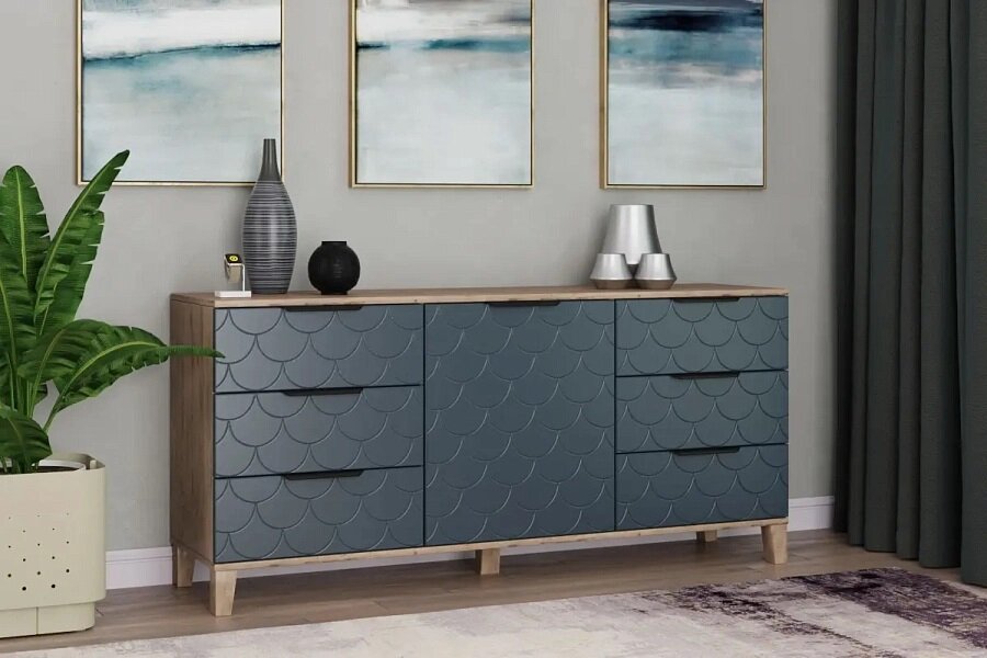 Комод МебельЛэнд24 Йорк - 2 Космея 150x40x70 синий однодверный с 6 ящиками