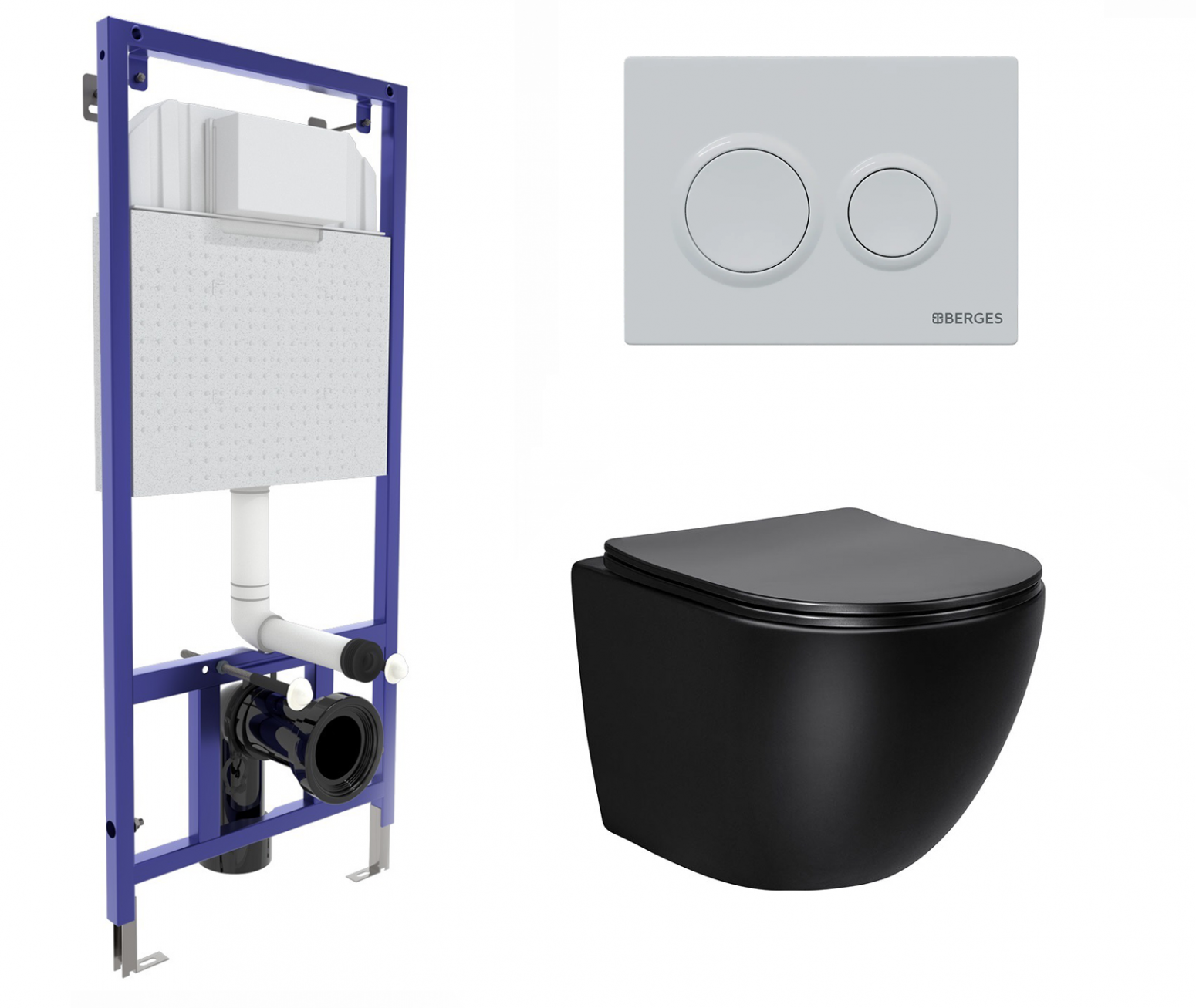 Комплект 3 в 1 инсталляция Berges Novum O4 + Унитаз Vincea Globo VT1-14SMB подвесной черный с кнопкой белой