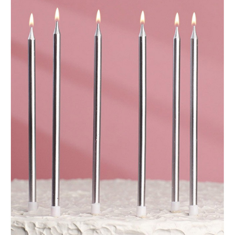 Свечи для торта с подставками, серебро, 6 шт, длина 13 см, парафин, пластмасса, блистерная упаковка