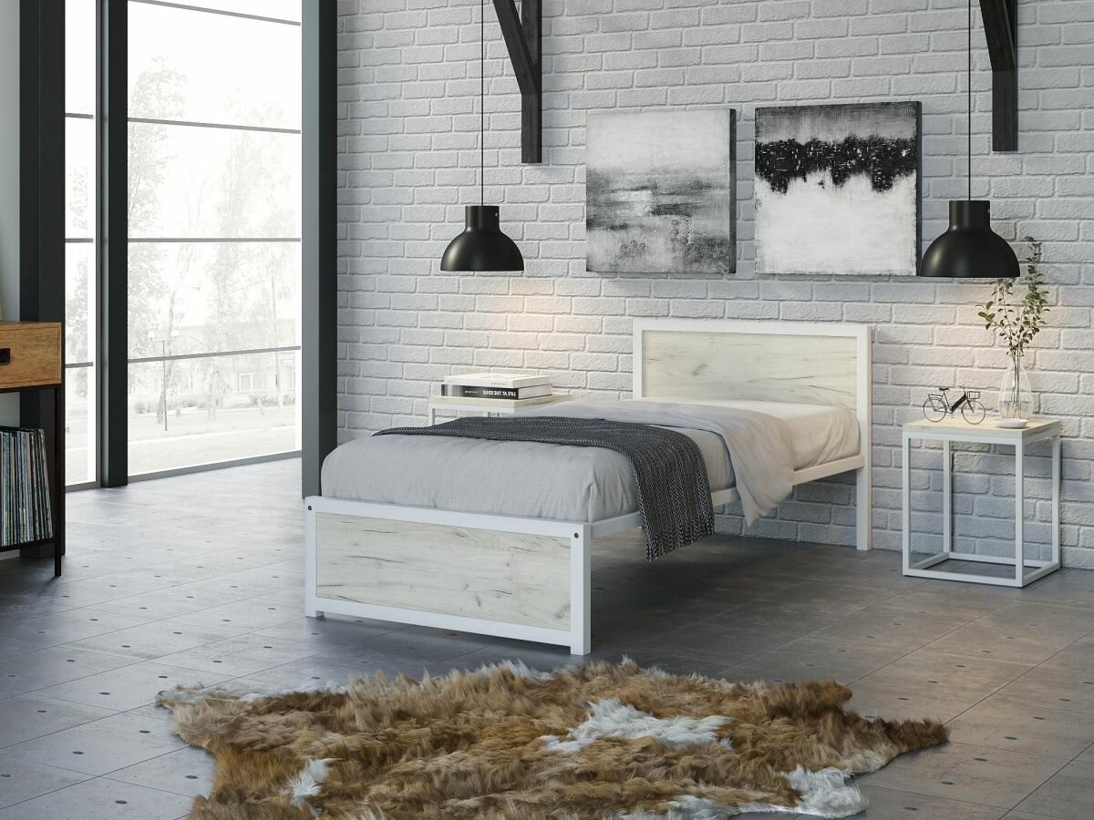 Кровать металлическая Титан Лофт 90х200 белый/дуб крафт белый