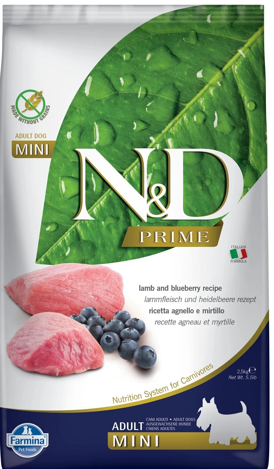 Farmina Корм сухой N&D Prime Dog Lamb & Blueberry Adult MINI ягненок с черникой для взрослых собак мелких пород 2,5 кг