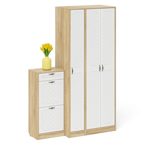 Прихожая П-6 Компоновка № 48, цвет дуб сонома/фасады МДФ белое дерево фрезеровка ромб