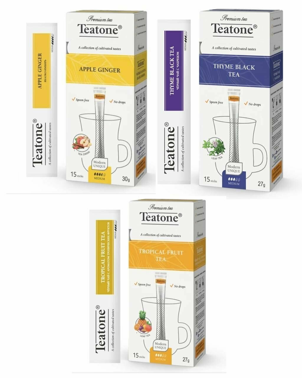 Чай черный Яблоко-Имбирь/Чабрец/Тропические фрукты Teatone, 3 шт по 15 стиков