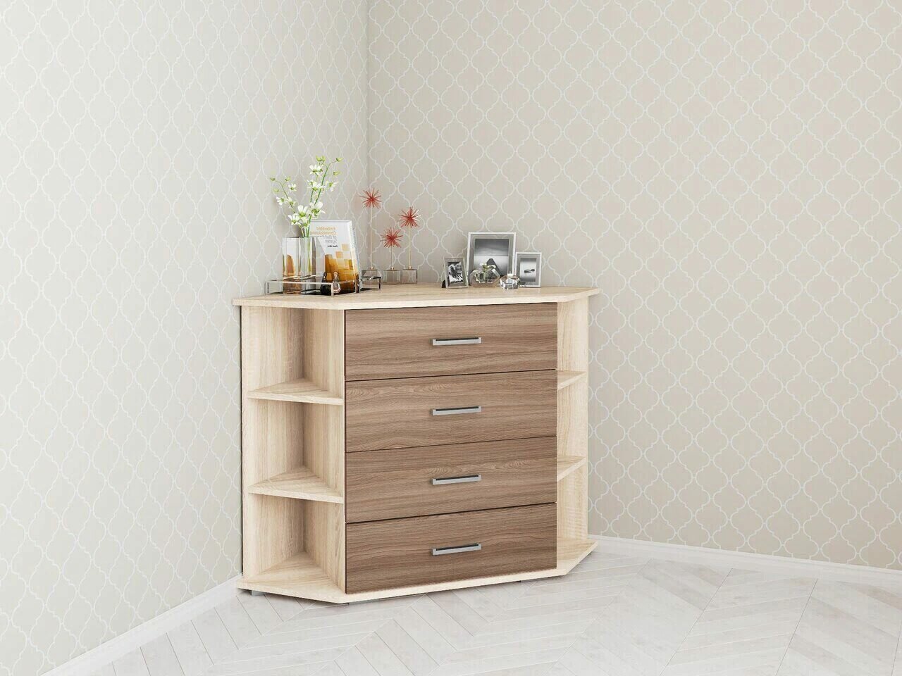 Комод «Катрин 7», угловой, 4 ящика, ЛДСП, дуб сонома/ясень шимо (770х770х790)