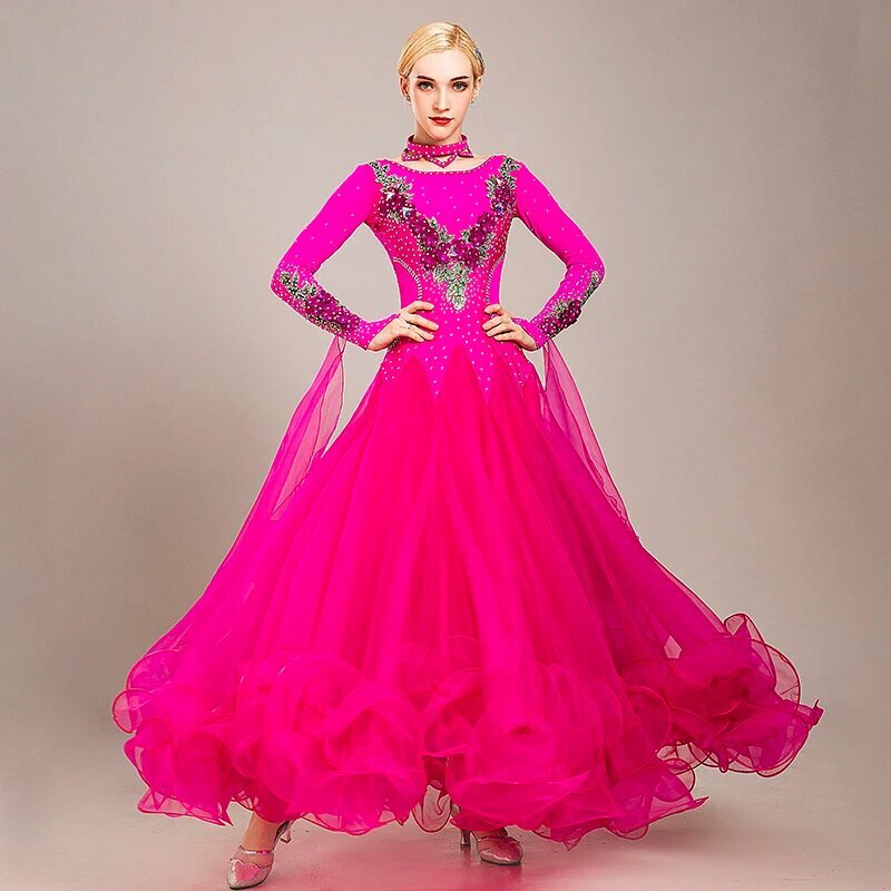 Индивидуальное платье для бальных танцев из шелка и тюля Розовый, S, Розовый