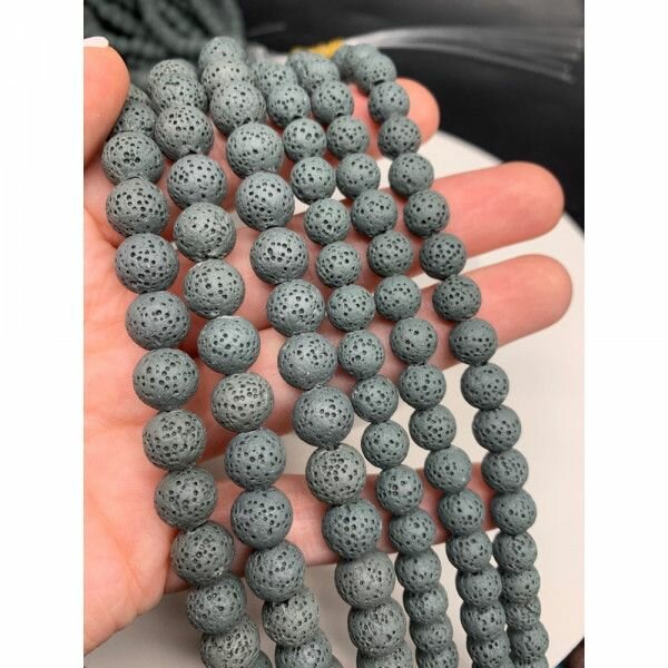 Каменные бусины, вулканическая лава люкс, пористая тонированная, серая, шарик гладкий, 8 мм, длина нити 38 см, около 47 бусин