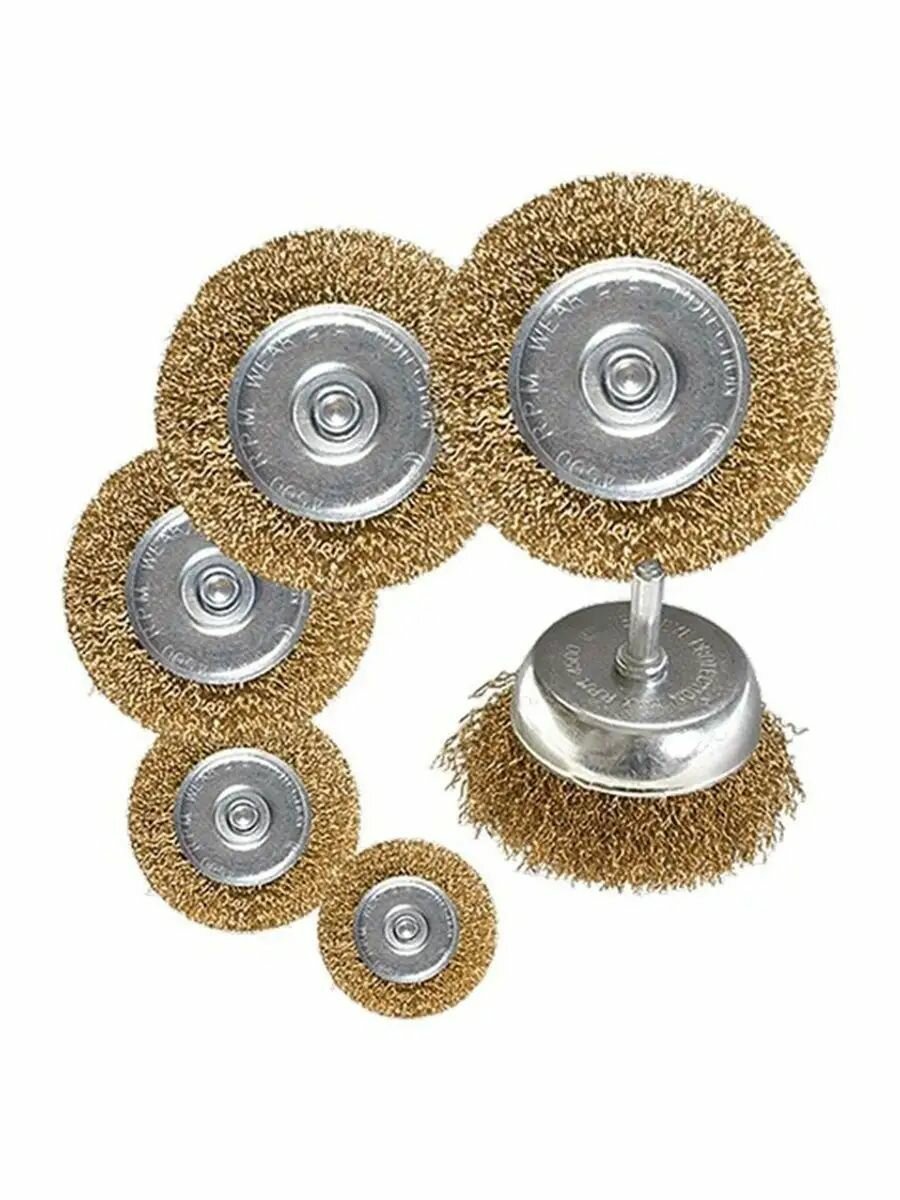 Набор щеток для дрели, 6 шт, 5 Плоских 40-50-65-75-100 мм, 1 Чашка 50 мм, со шпильками// Matrix 74496