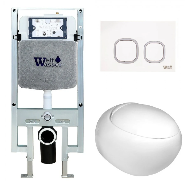 Унитаз подвесной WeltWasser AMBERG 497 ST + JECKENBACH 004 GL-WT + AMBERG RD-WT белый глянцевый, безободковый, с крышкой микролифт, с инсталляцией и белой кнопкой