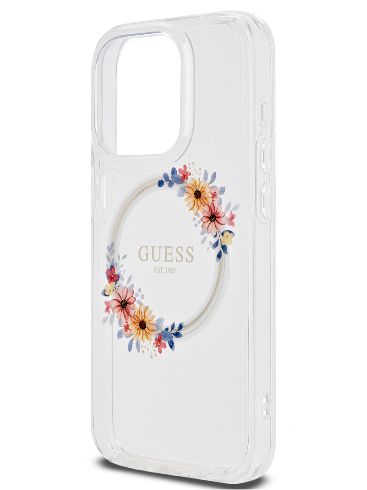 Guess для iPhone 15 Pro чехол PC/TPU Flowers Wreath Hard Transparent (MagSafe)