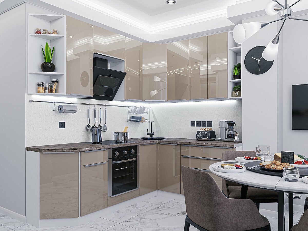 Кухня Фьюжн-04, цвет фасада Gallant, цвет каркаса Белый, 2340*2200/1800*600 мм