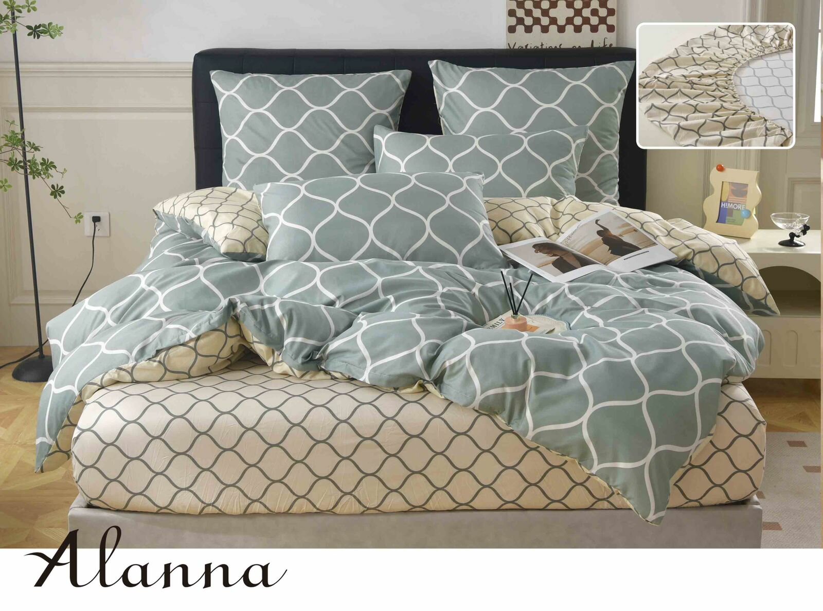 Комплект постельного белья двуспальный Alanna сатин - Зеленый Ромбы